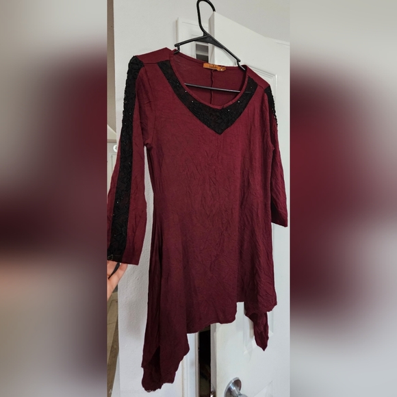 Belldini | Tops | Belldini Burgundy Blouse With Black Lace Accents ...